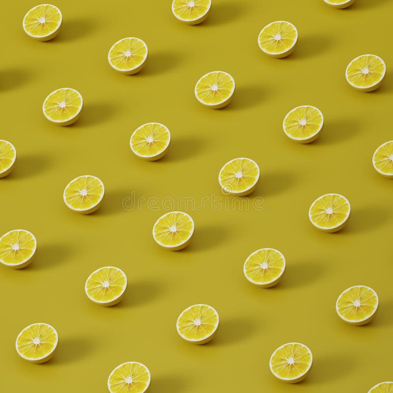 3D Render, Pattern of Lemon Halves on a Yellow Background. Minimum Food ...