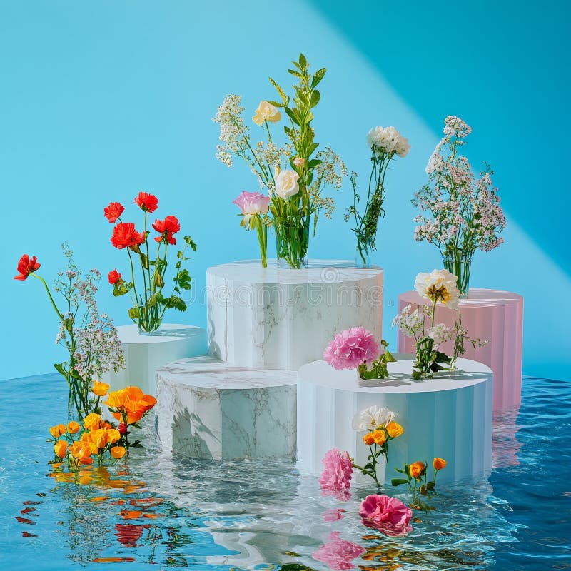 3d Render of Pedestal Podium with Flowers in the Water. Stock ...