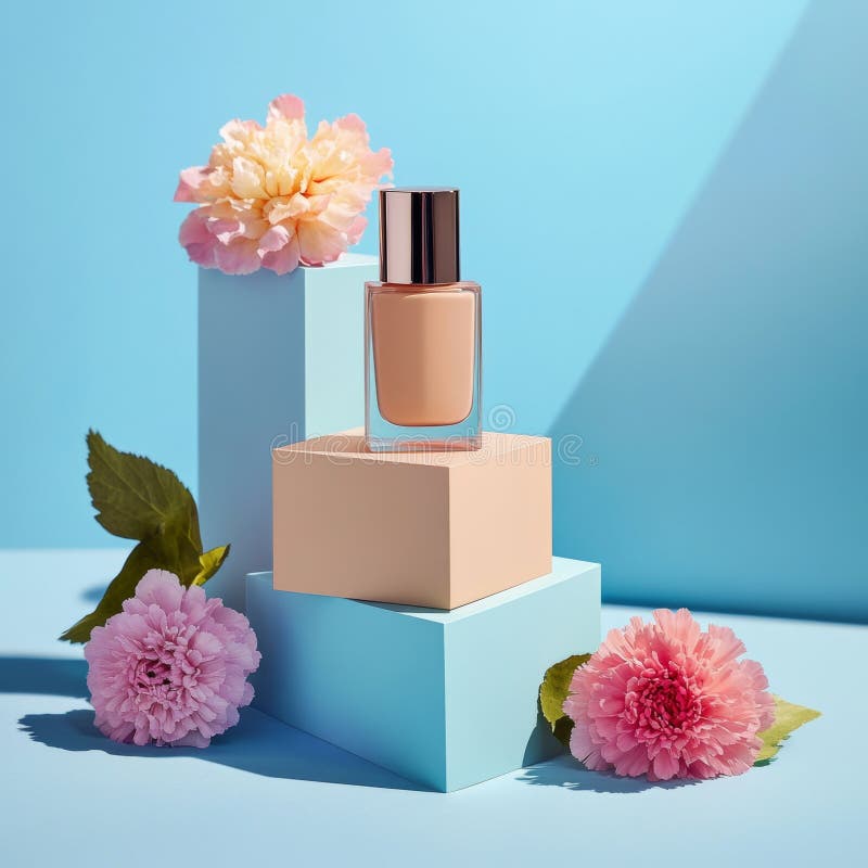 3d Render of Perfume Bottle with Pink Flowers on Blue Background. Stock ...