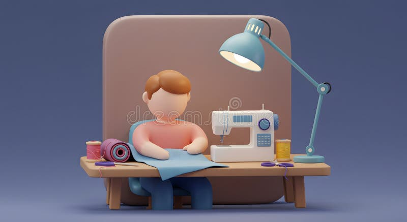 3D Render of a Person Sewing at a Table with a Sewing Machine and Lamp ...