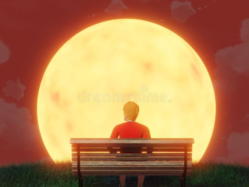 3D Render of a Person Sitting on the Bench Overlooking the Bright Full ...