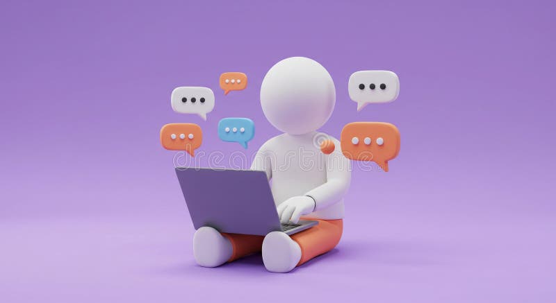 3D Render of Person Using Laptop with Chat Bubbles Stock Illustration ...