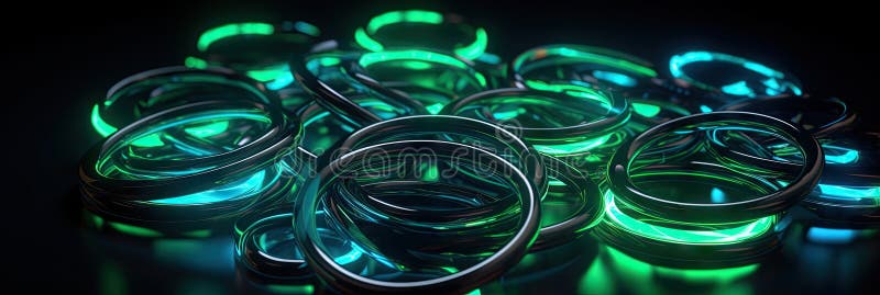 3d Render of a Pile of Glowing Neon Rings on a Reflective Surface Stock ...