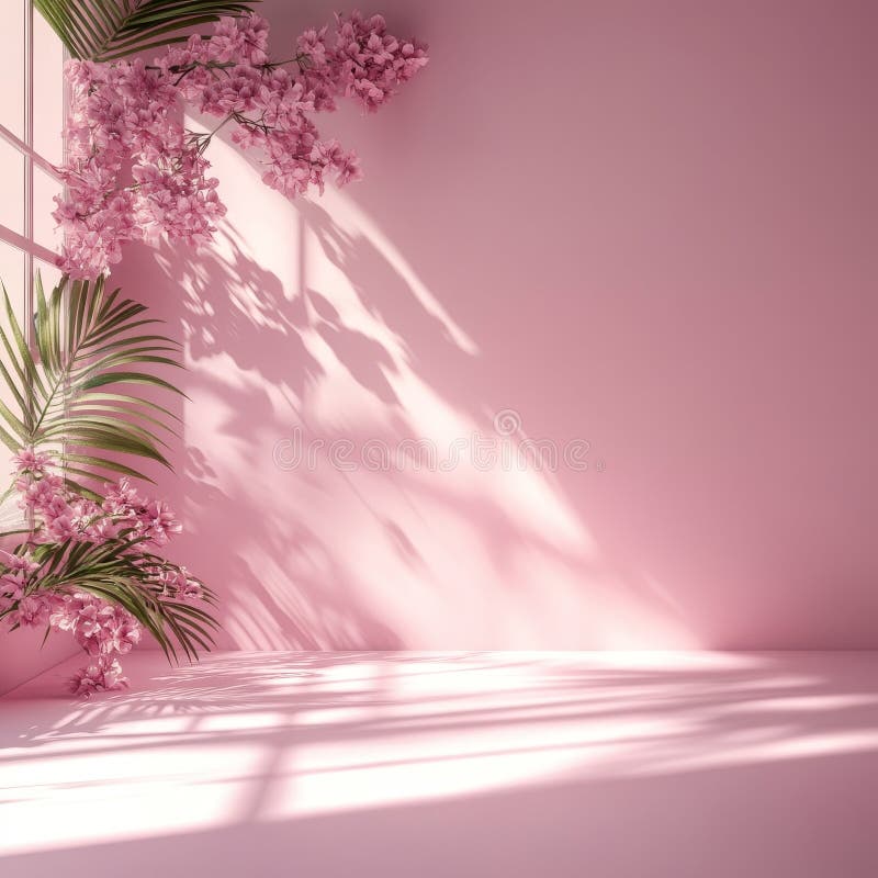 3d Render, Pink Background with Shadow of Palm Leaves, Flowers and ...