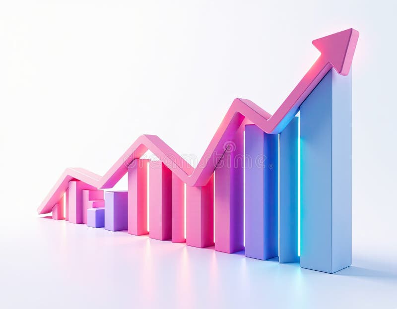 3D Render of Pink and Blue Growing Bar Chart with Arrow - Success Growth and Progress Concept ...
