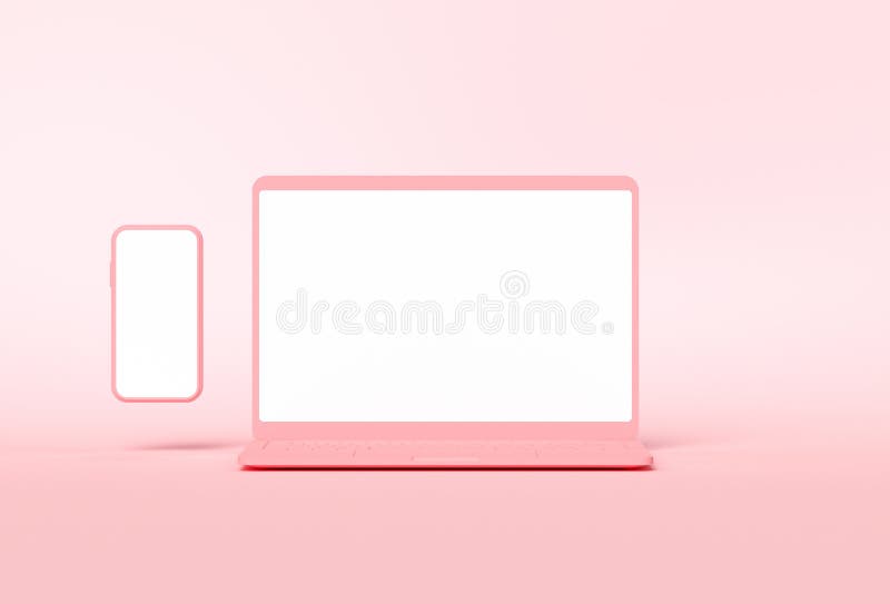 3d Render Pink Computer Notebook and Smartphone with Empty Screen on ...