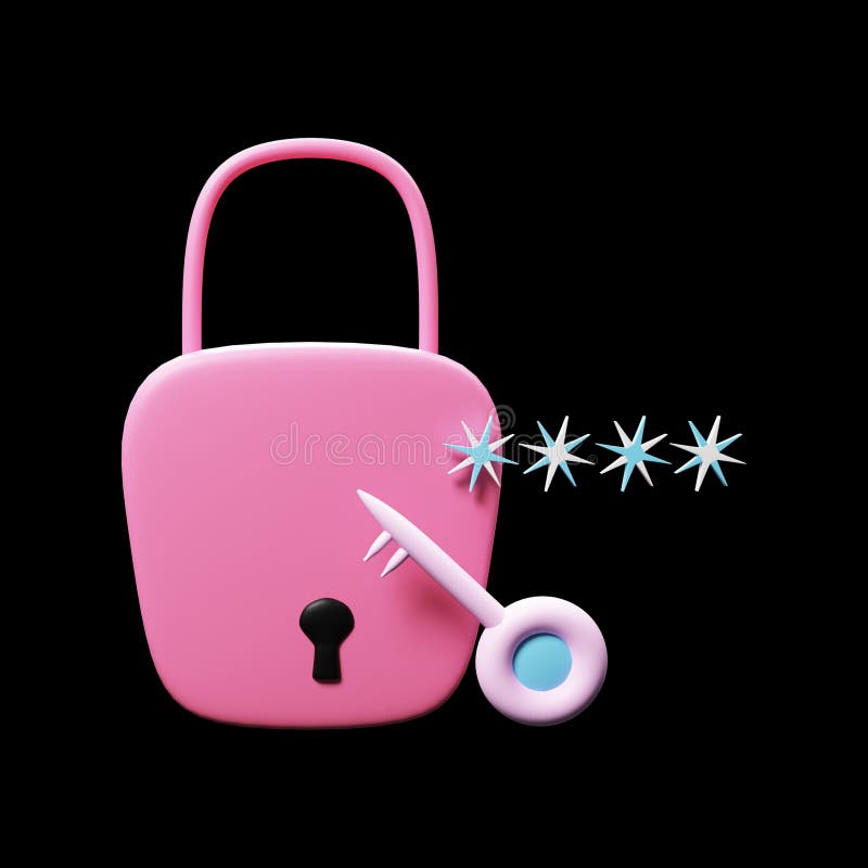 3D Render of Pink Lock with Passkey Against Black Stock Illustration ...