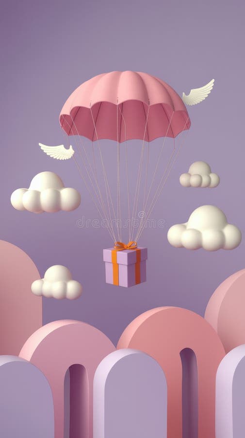 3D Render of Pink Parachute with Gift Box in Fantasy Landscape Stock ...