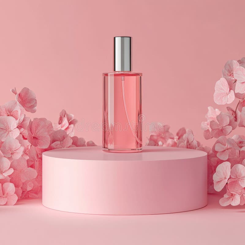 3d Render of Pink Perfume Bottle on Podium with Flowers Background ...