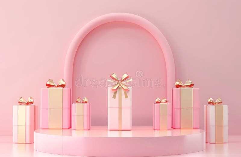 3D Render of Pink Podium with Arched Arch and Gift Boxes for Festive ...