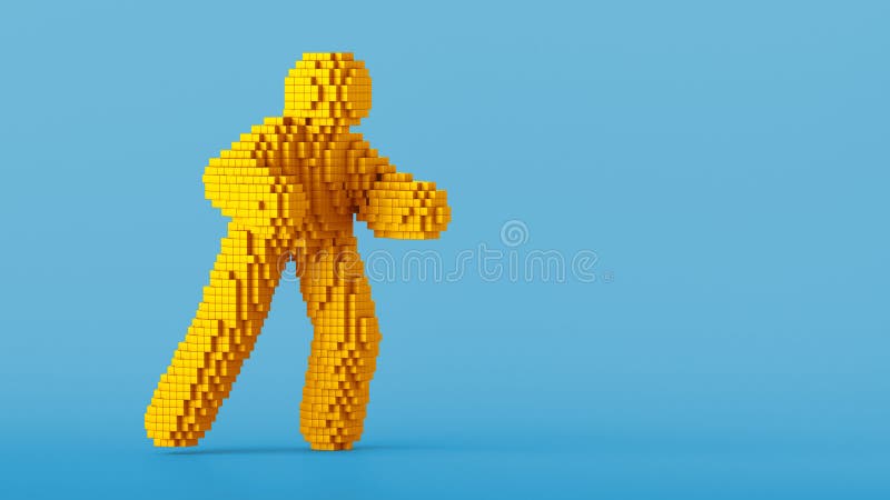 3d Render, Pixel Man Cartoon Character Walking or Running. Funny Mascot ...