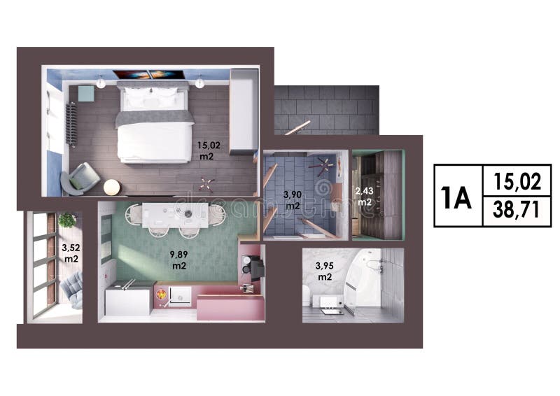 3d Render Plan / Layout of a Modern One Bedroom Apartment Stock ...