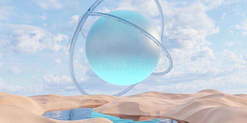 3D Render Planet Over Wavy Sunny Ground. Stock Illustration ...