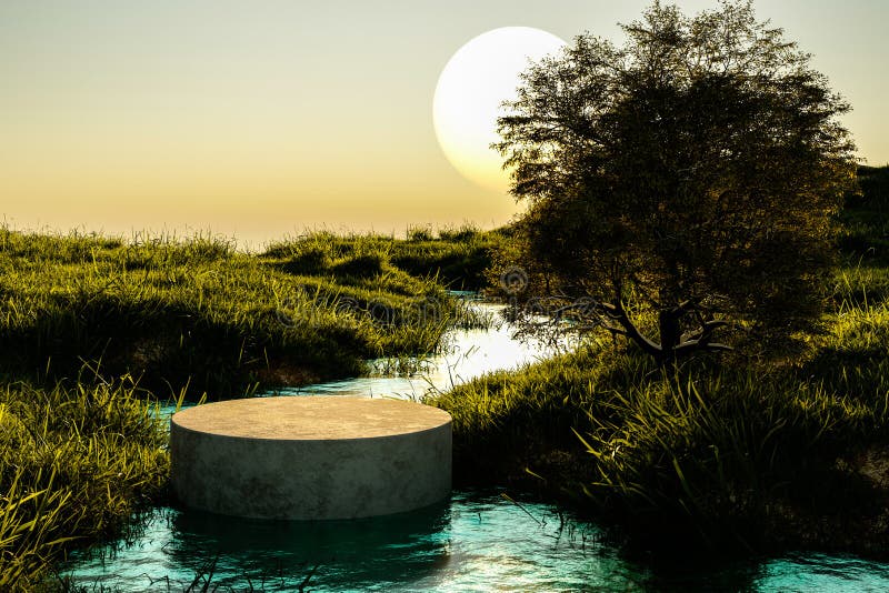 3D Render, Platform and Natural Podium Background on River with Grass ...