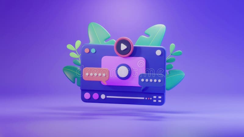 3D Render of Play Button Chat Bubbles and Video Player with Tropical ...