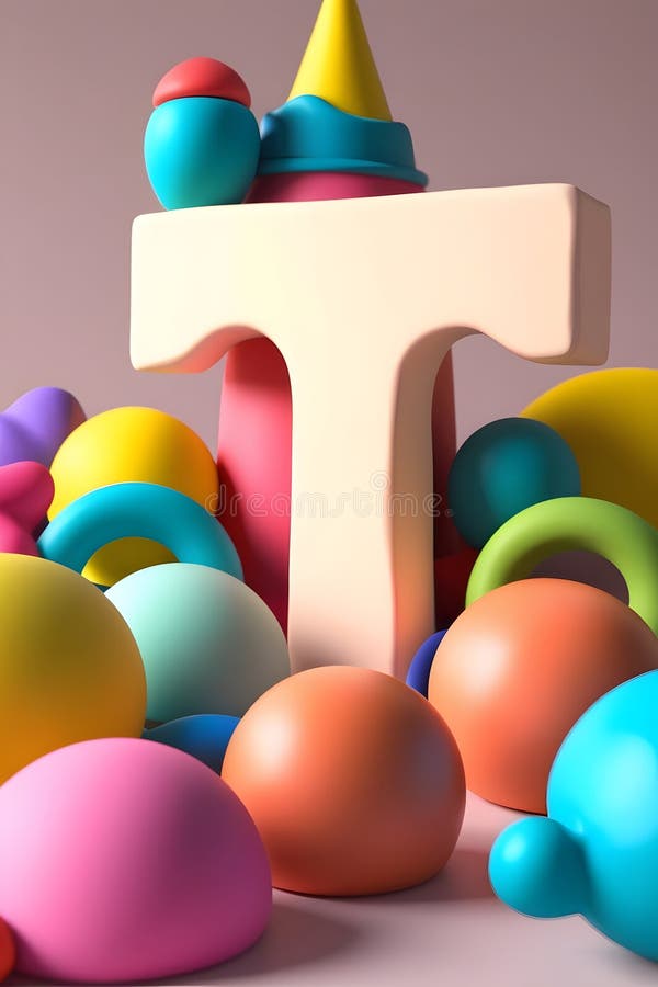 3D Render of Playful Letter T Surrounded by Colorful CGI Objects in ...