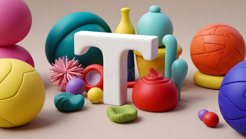 3D Render of Playful Letter T Surrounded by Colorful CGI Objects in ...