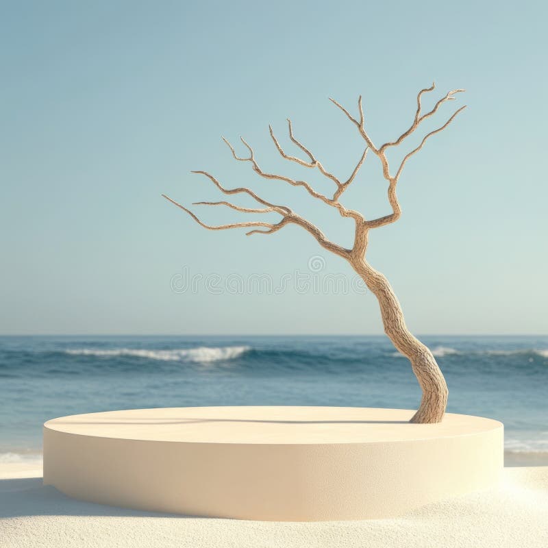 3d Render of a Podium on the Beach with a Tree. Stock Illustration ...