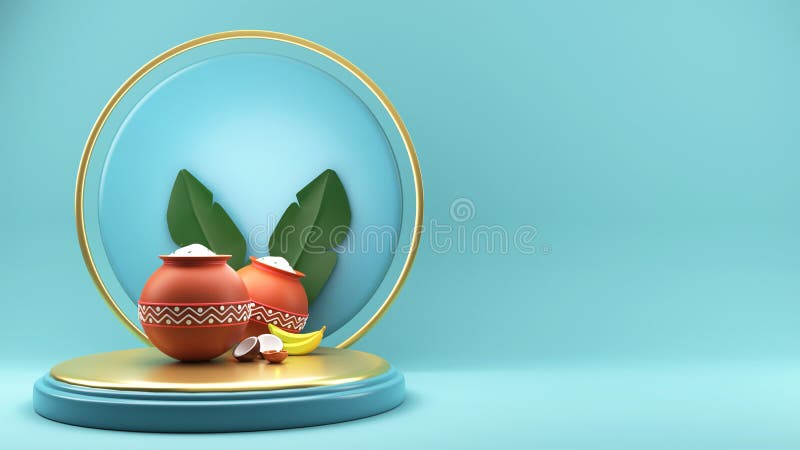 3D Render Pongal Festival Elements Over Podium and Empty Circular Frame ...