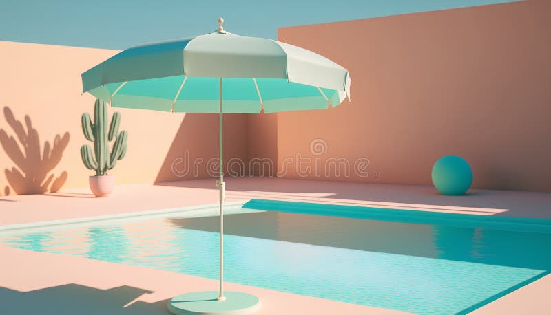 3d Render of a Pool with an Umbrella and a Cactus Stock Illustration ...