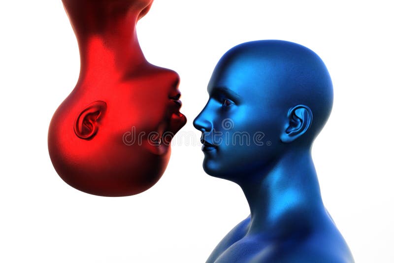 3d Render. Portrait of a Blue Bald Man and a Red Bald Woman Upside Down ...