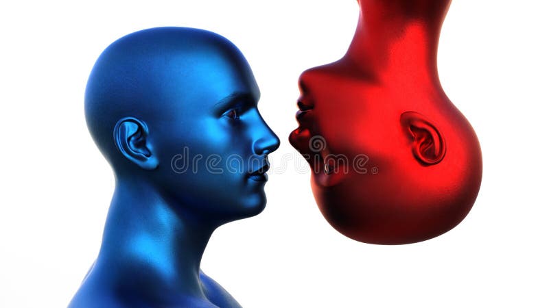 3d Render. Portrait of a Blue Bald Man and a Red Bald Woman Upside Down ...