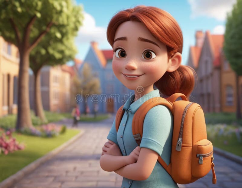 3D Render Portrait of a Girl with a Backpack Going To School Stock ...