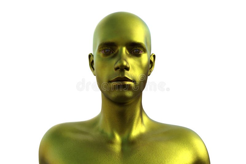 3D Render. Portrait of a Gold Bald Man on a White Background. Stock ...