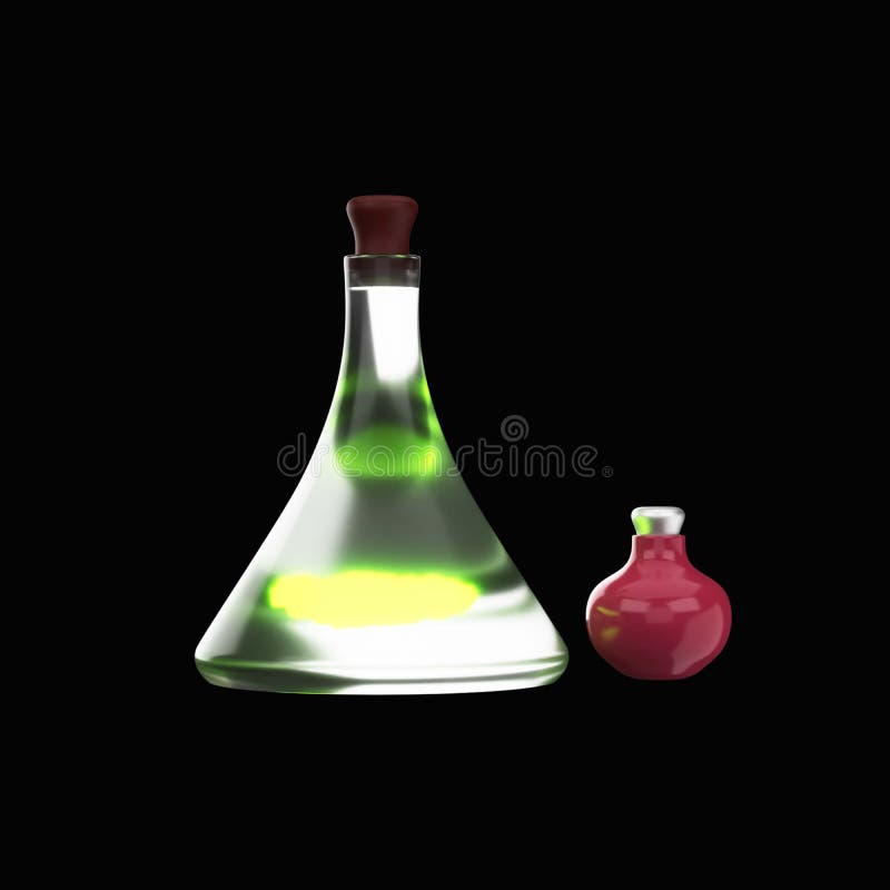 3D Render of Potion Bottles on Black Stock Illustration - Illustration ...