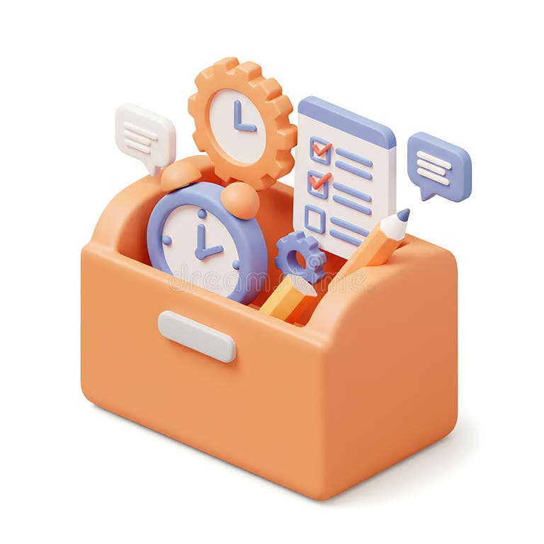 3D Render of Productivity Tools in a Toolbox: Time Management, Task ...
