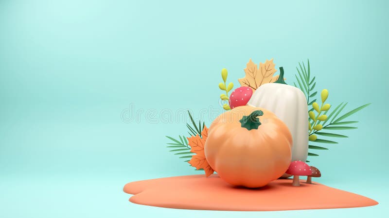 3D Render of Pumpkins with Toadstools, Leaves and Copy Space on Light ...
