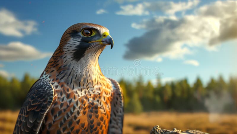 3D Render of a Realistic Falcon Looking at the Camera, with a Forest in ...