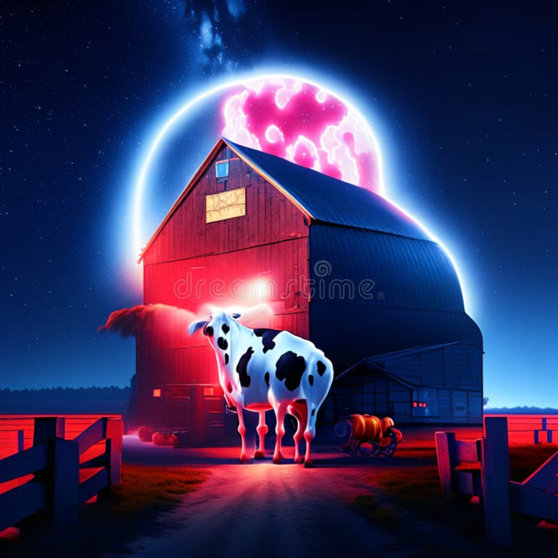 A 3D Render of a Red Barn and a Cow in Front of a Full Moon Generative ...