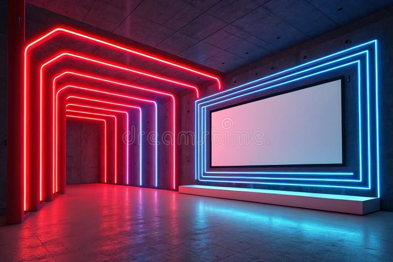 3d Render of Red Blue Neon Light, Glowing Lines, Blank Horizontal ...