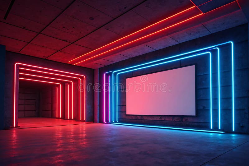 3d Render of Red Blue Neon Light, Glowing Lines, Blank Horizontal ...