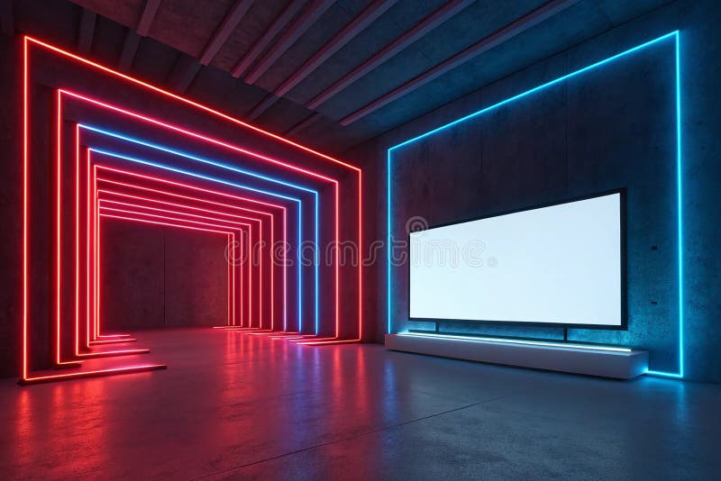3d Render of Red Blue Neon Light, Glowing Lines, Blank Horizontal ...