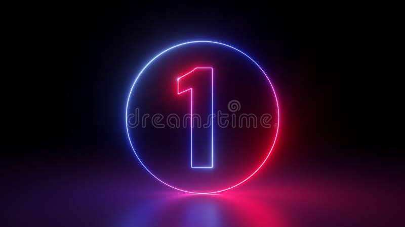 3d Render, Red Blue Neon Number One Inside the Linear Round Frame ...