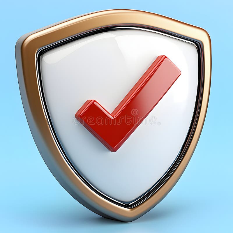 3D Render of a Red Checkmark on a White Shield with Gold Border on ...