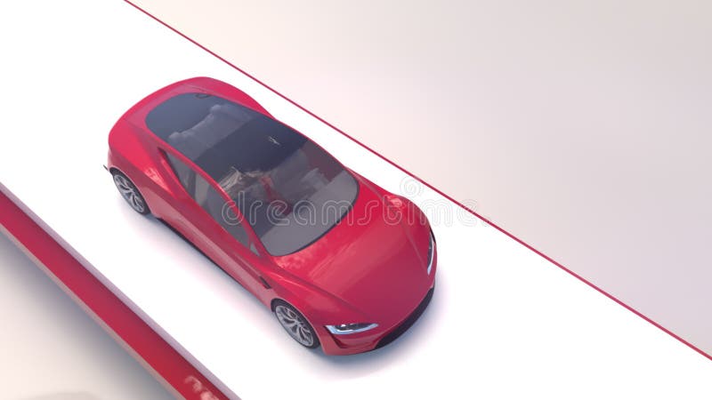 3D Render of a Red Electric Concept Car Driving in a Futuristic ...