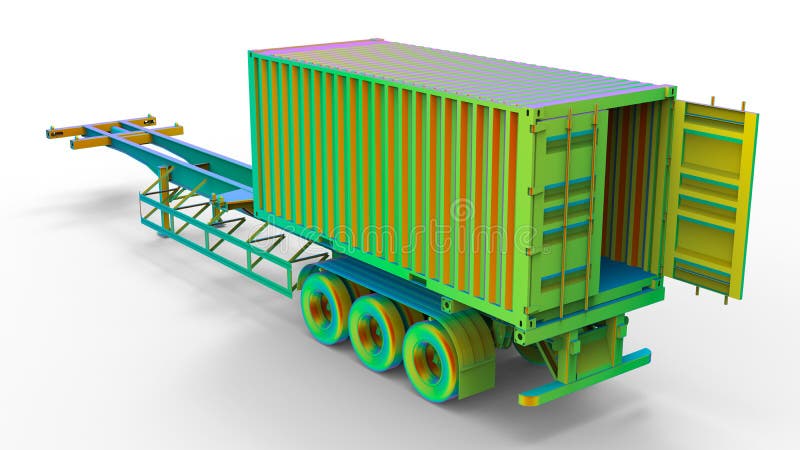 3D Render - Red Freight Container on Wheels Rainbow Colored Stock ...