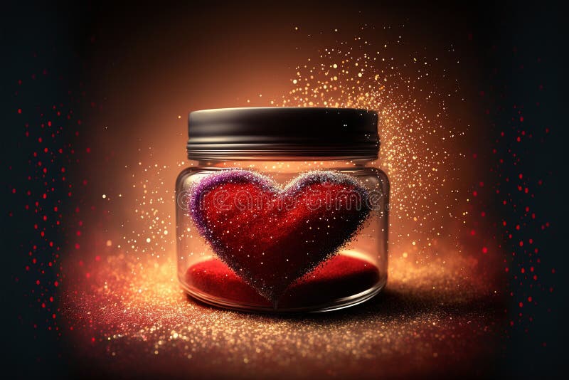 3D Render of Red Glittery Heart Shape Inside Glass Jar on Golden ...