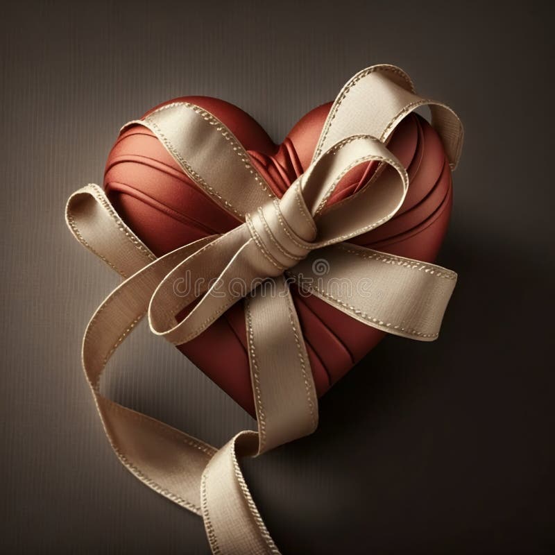 3D Render of Red Heart Shape Wrapped with Golden Silk Stock ...