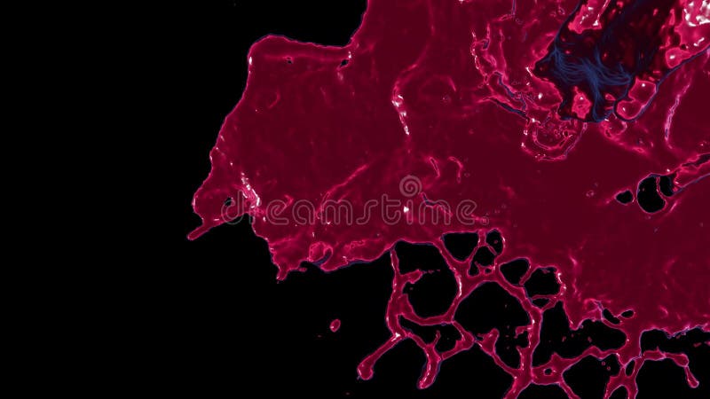 3D Render. Red Liquid Falls and Spreads on a Black Background. Slow ...