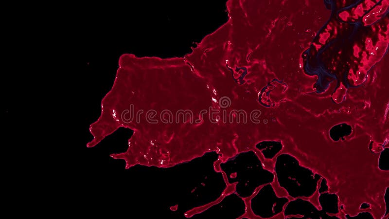 3D Render. Red Liquid Falls and Spreads on a Black Background. Slow ...