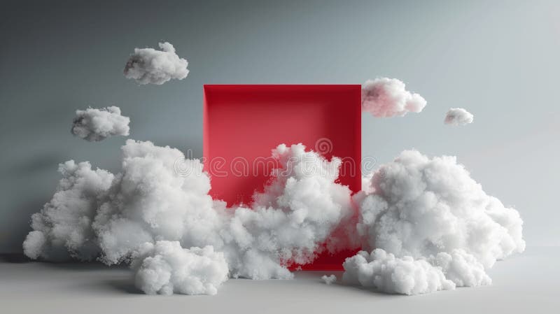3D Render of Red Rectangle Mockup with White Clouds Floating in ...