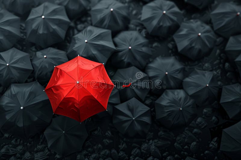 3D Render of a Red Umbrella in a Sea of Black Umbrellas from Above ...