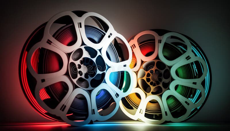 3d Render of Reel of Film with Colorful Lights on Dark Background Stock ...