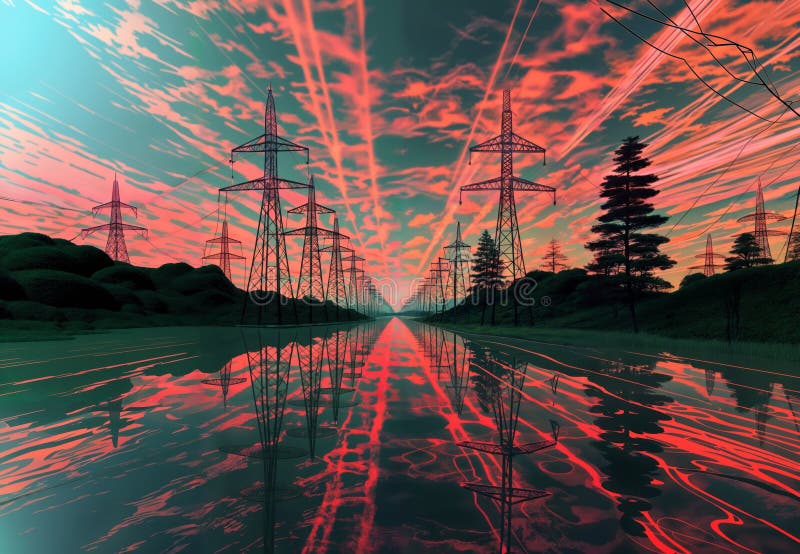 High Voltage Power Pylons Reflected in the Water. 3d Render, Generative ...