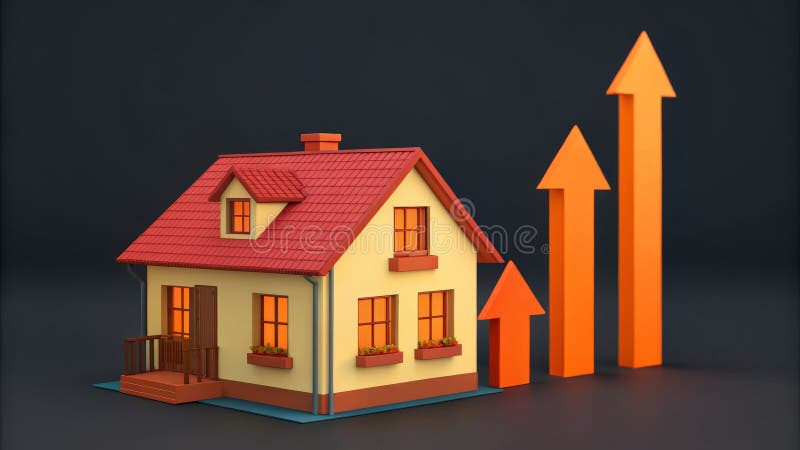 3D Render Rising House Prices - Cartoon House and Arrows Stock ...