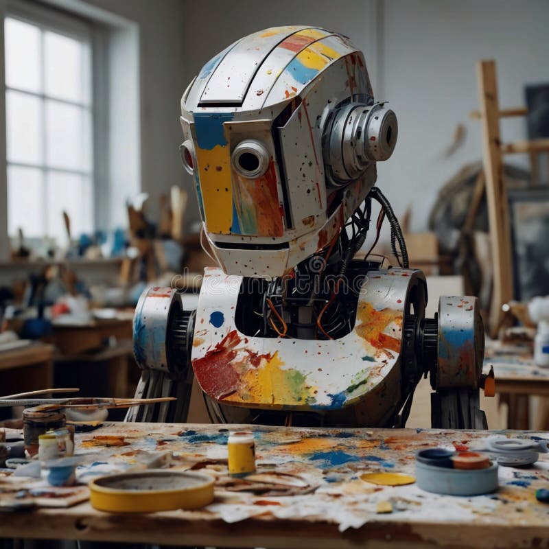 A 3D Render of a Robot Artist Covered in Paint Splatters, Seated at a ...